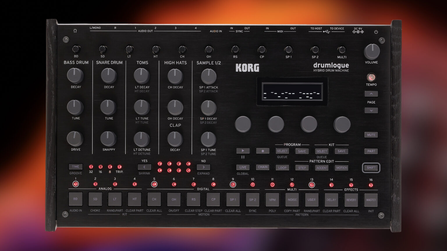 Korg drumlogue, new analog drum machine with a flexible hybrid core